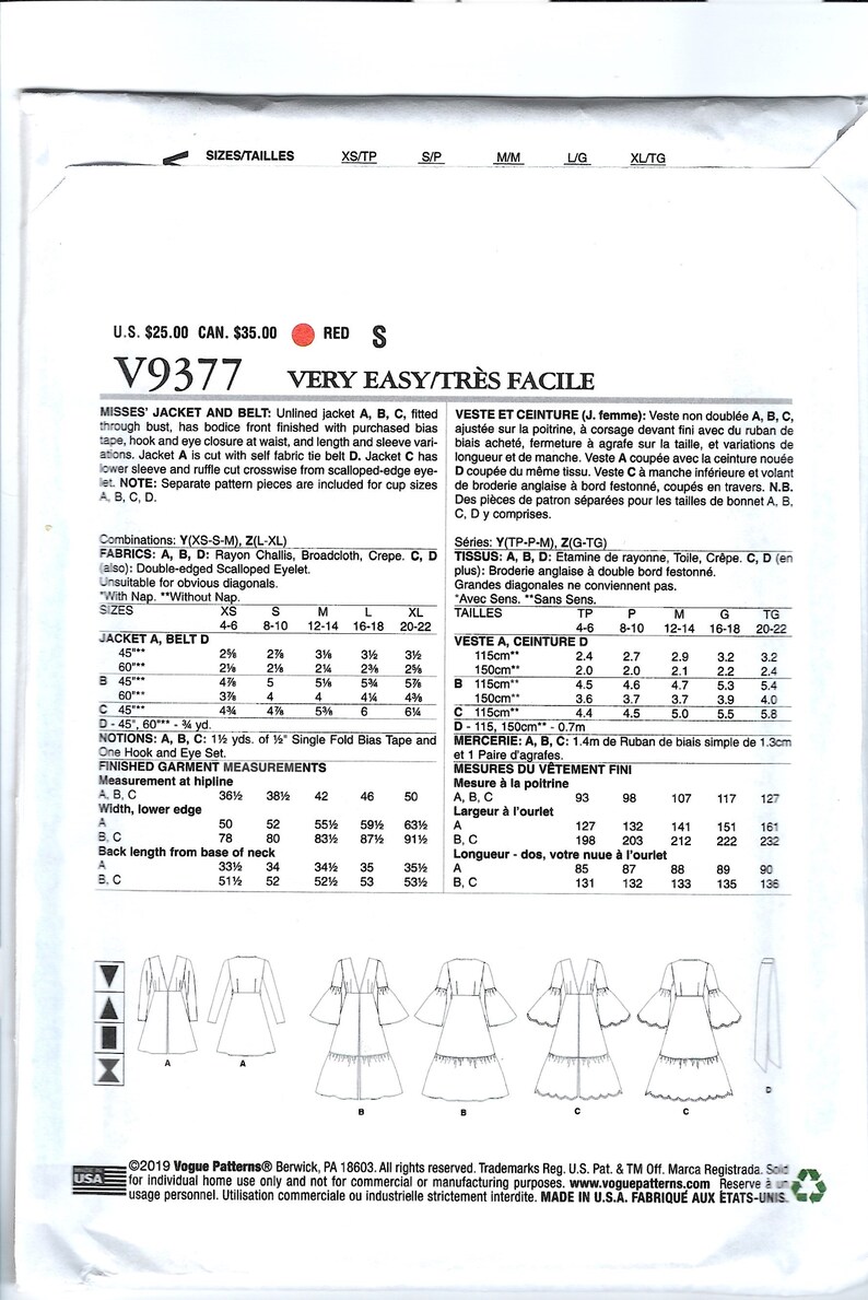 Vogue V9377 Jacket and Belt Sewing Pattern, UNCUT - Etsy