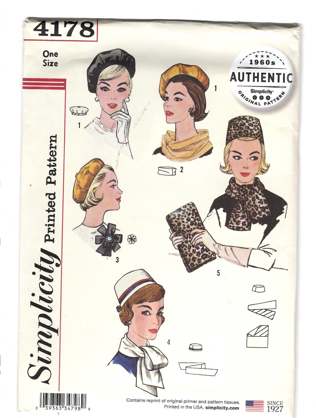 Pillbox Hat Sewing Pattern, Beret Scarf, Purse, Rosette 1960s Reissue ...