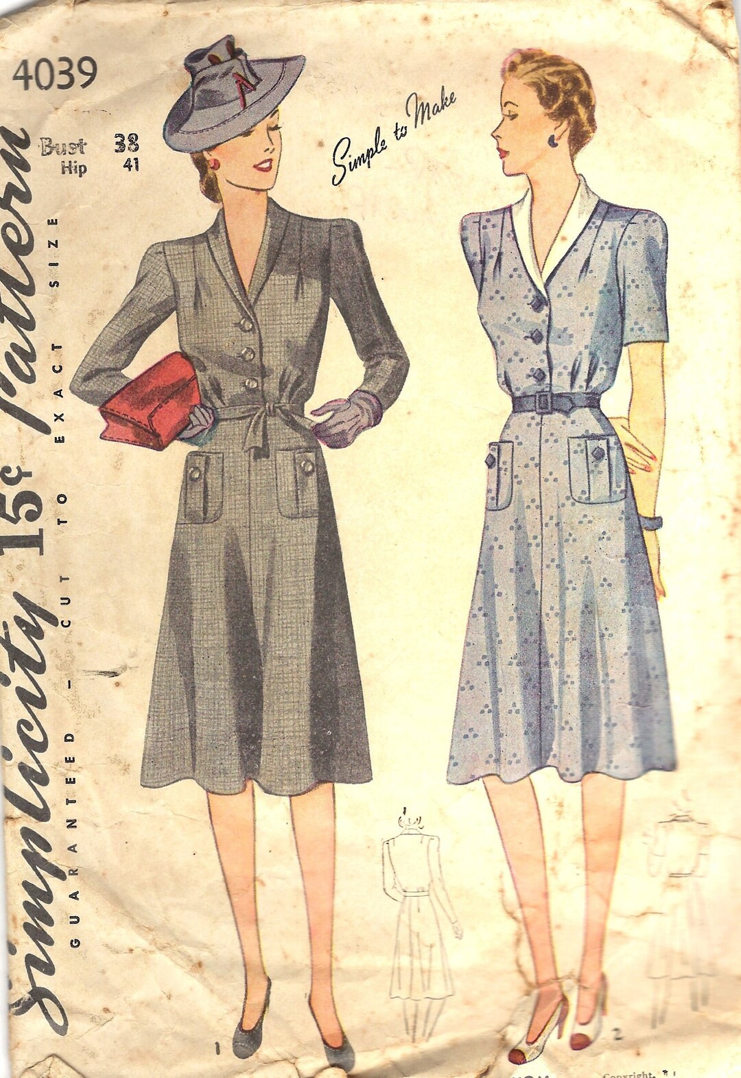 1940s Dress With Shawl Collar, Simplicity 4039 Vintage Sewing Pattern ...