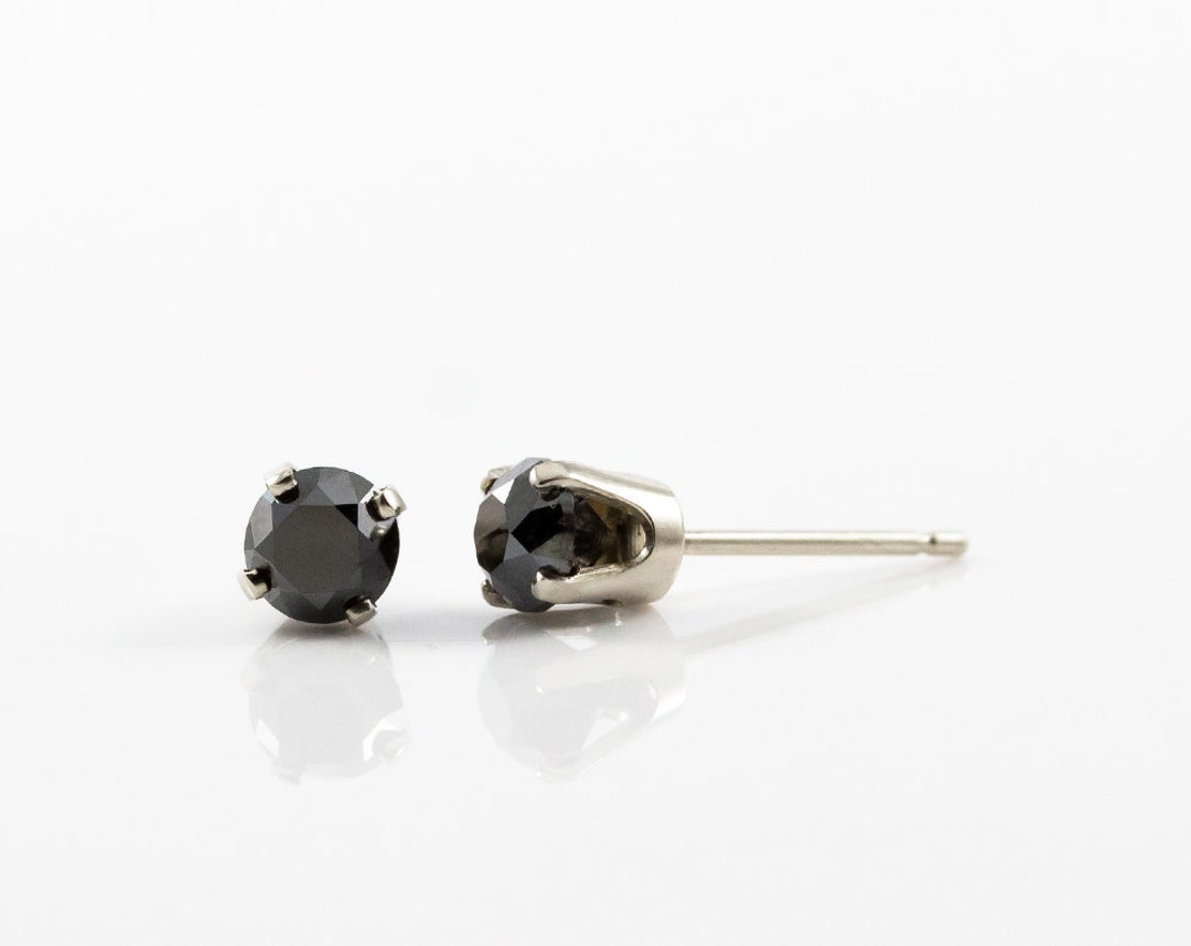 4mm Post Earrings With Polished Diamond - Black Round Cut Diamond Ear ...