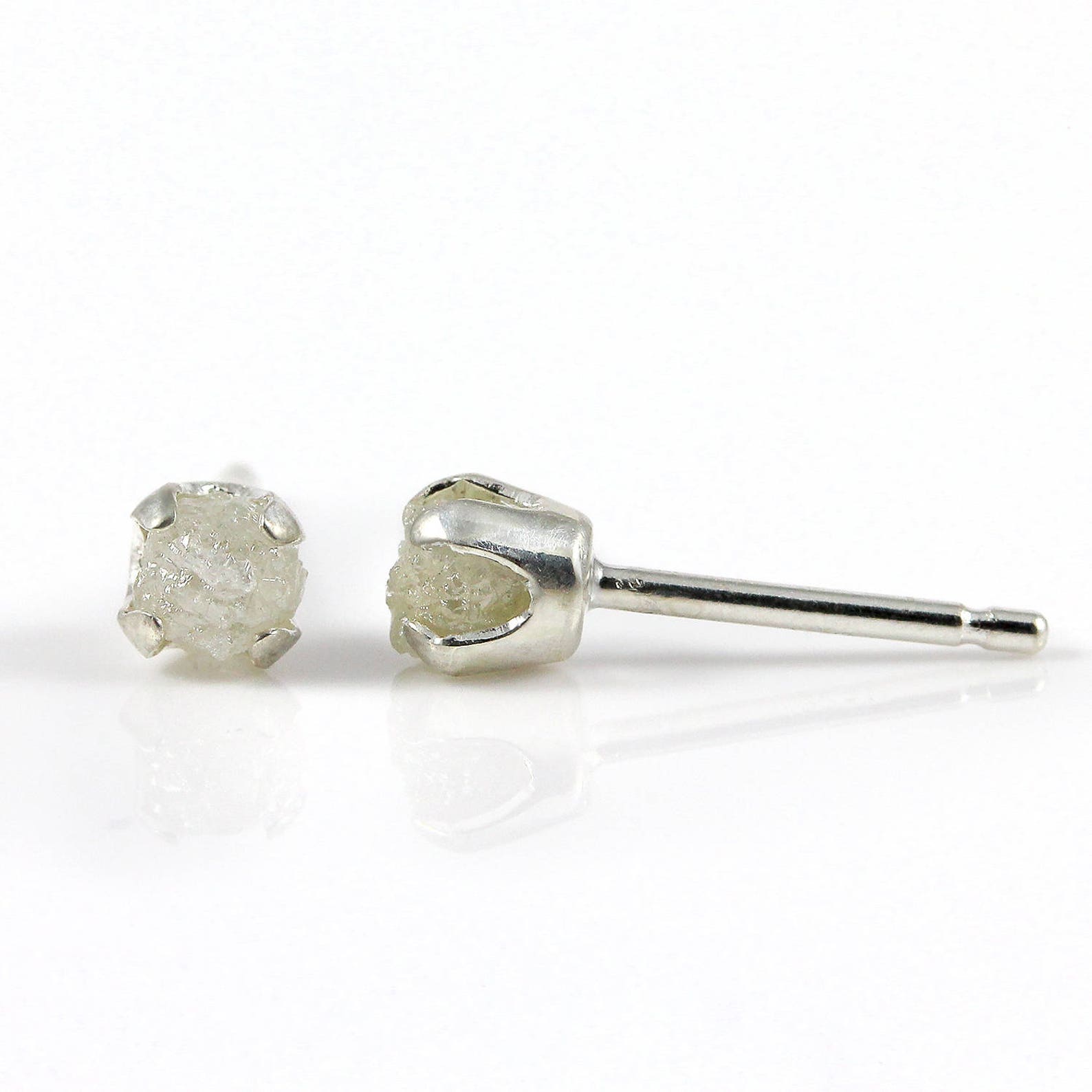 White Rough Diamond Studs 4mm Post Earrings Four Prongs - Etsy