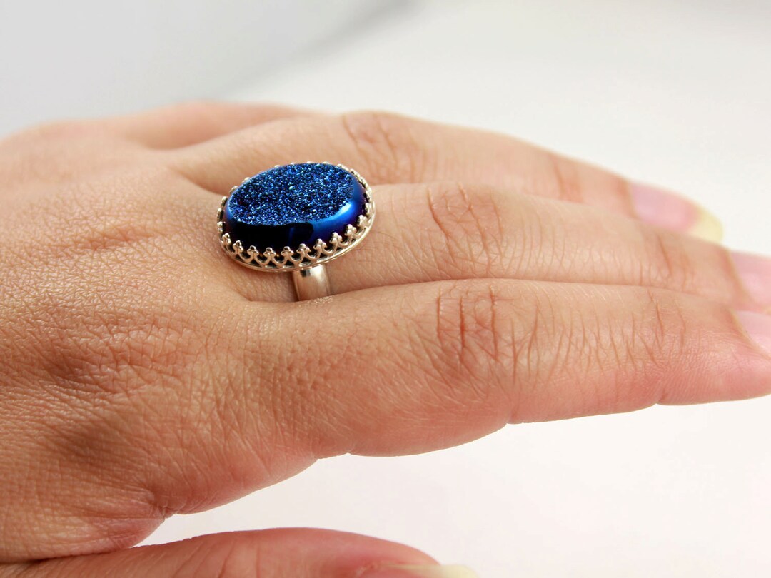 Natural Druzy Quartz Ring - Oval Sterling Silver Ring - Gallery Wire ...