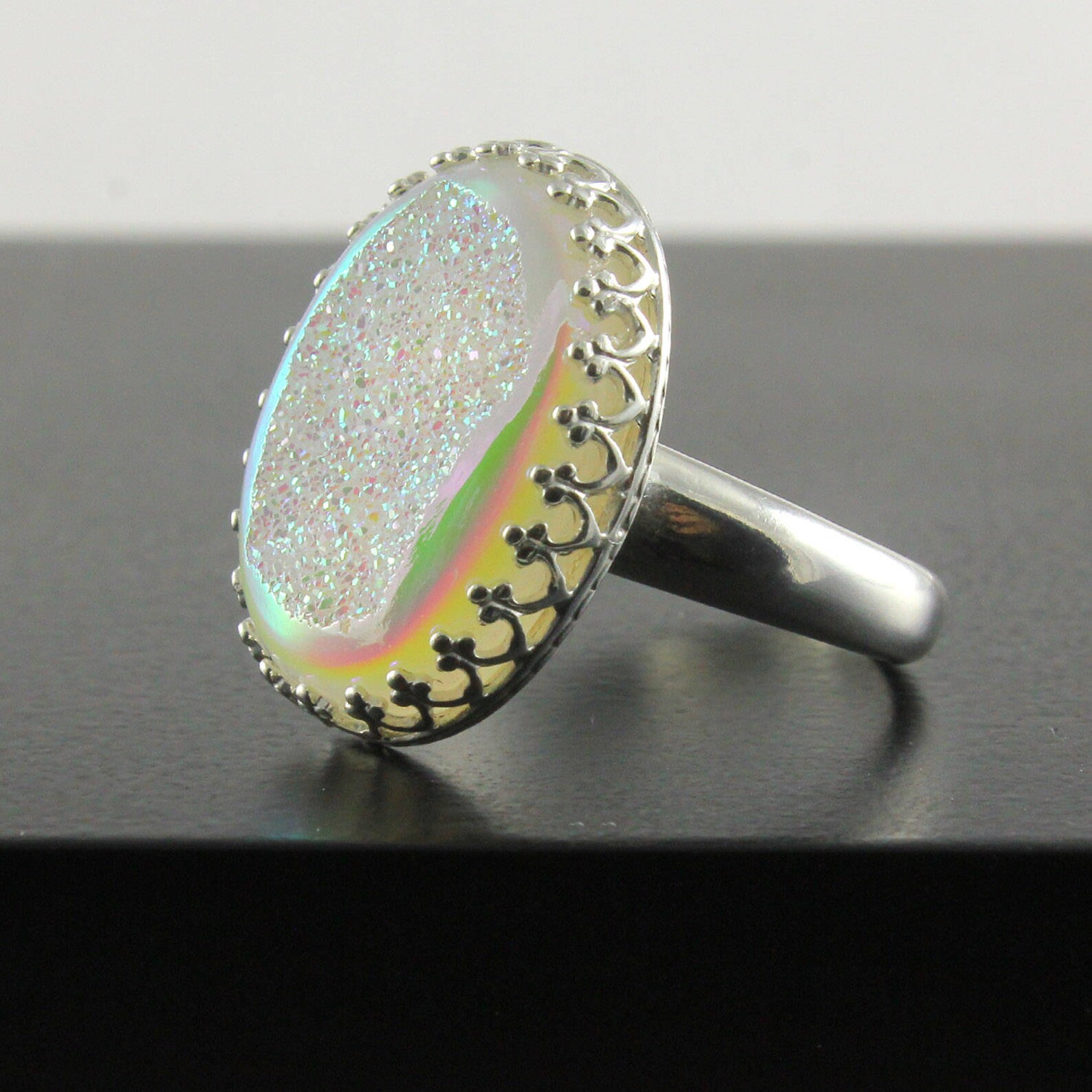 Druzy Quartz Ring Oval Silver Ring Druzzy Bezel Set Opal - Etsy