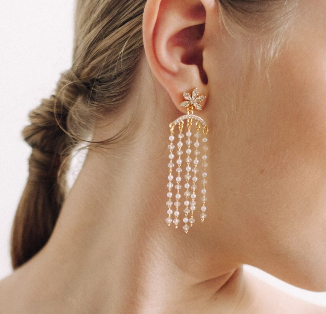 ZIGGY | Crystal Pearl Waterfall Chain Earrings, Gifts for Her, Birthday ...