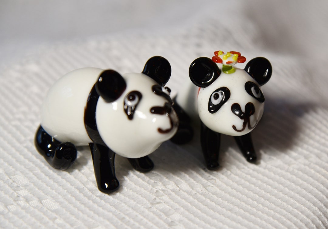 Miniature Set of Hand Blown Glass Panda Bears Boy and Girl With Flower ...