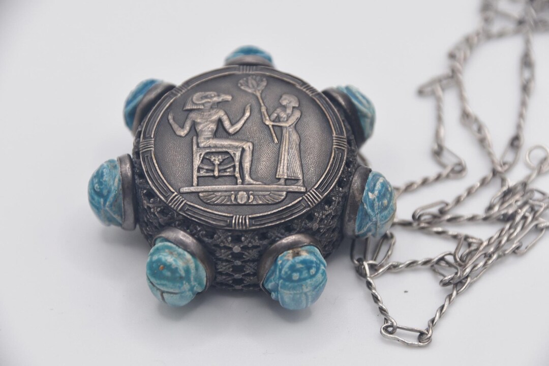 Necklace Sterling Silver UNMARKED With Carved Turquoise Egyptian ...