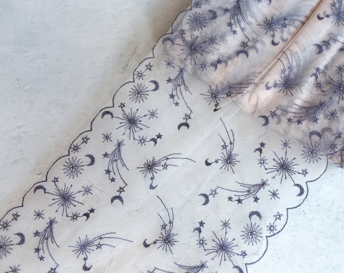 10" Wide Blush Cream and Blue Celestial Embroidered Non Stretch Tulle ...