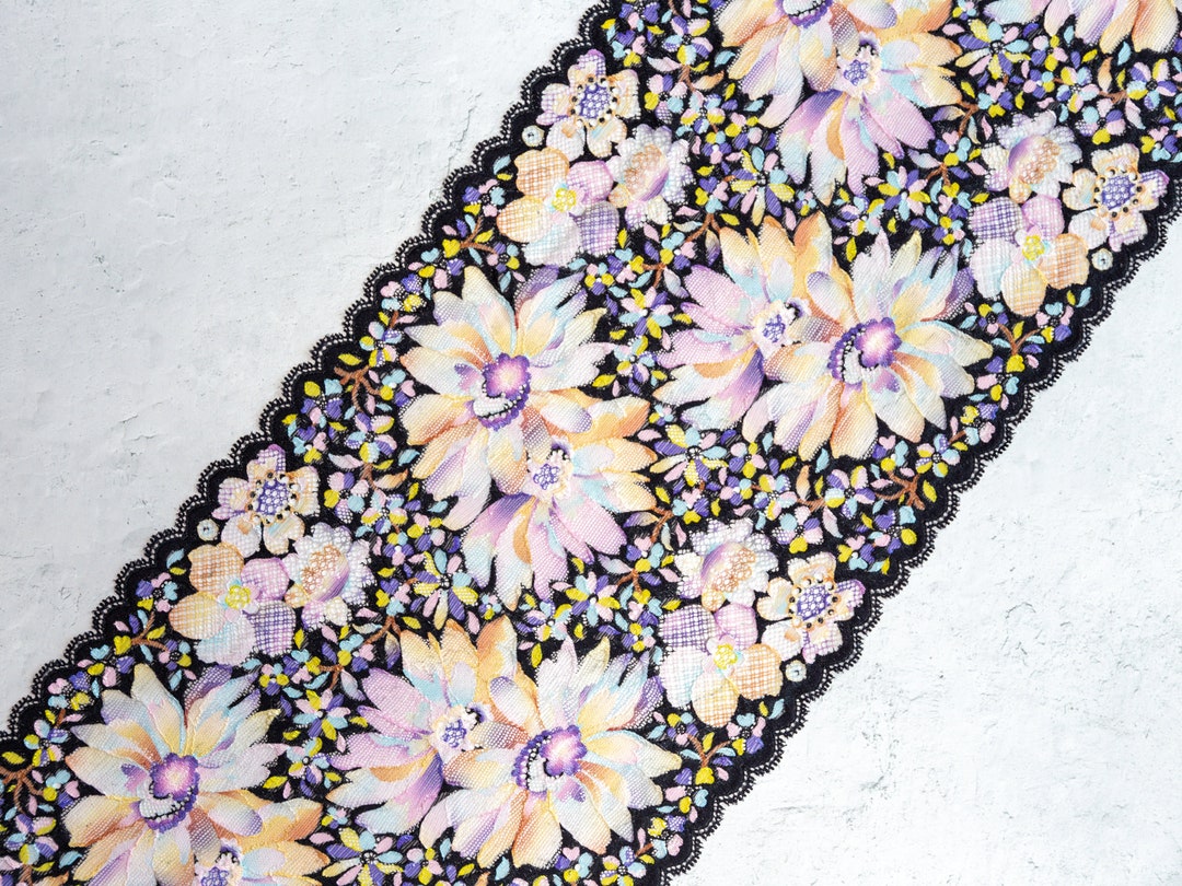 9 Wide Peach Purple Black Floral Stretch Lace by the Yard Bra Making ...