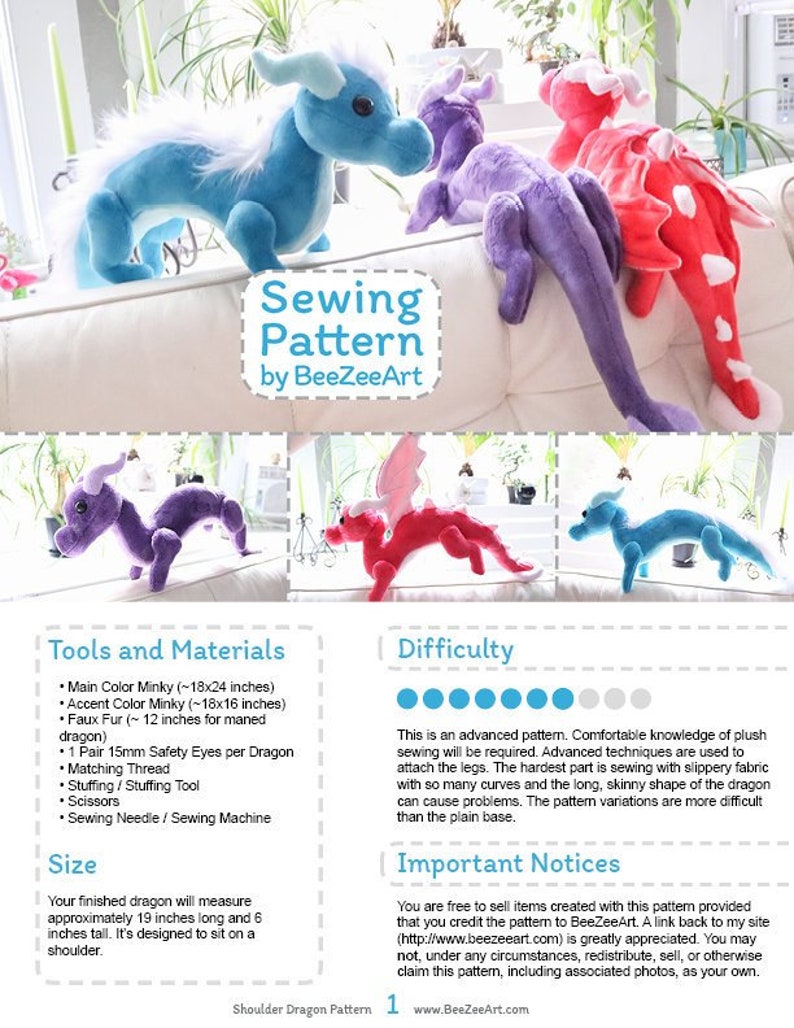 Shoulder Dragon Plush Sewing Pattern PDF Digital Download - Etsy Canada