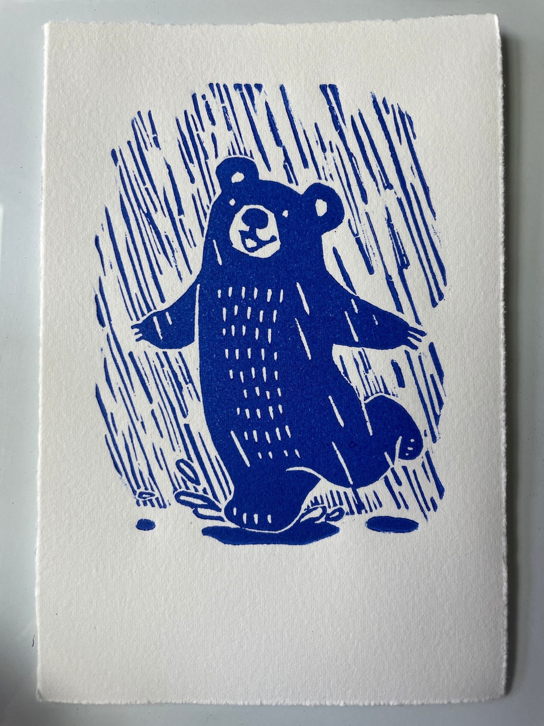 Little Blue Bear Dancing in the Rain Original Linocut Handprinted on ...