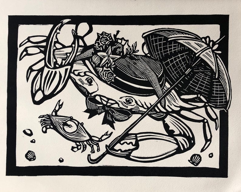 Linocut of Aesop's Fable the Crab and His Mother in Black | Etsy