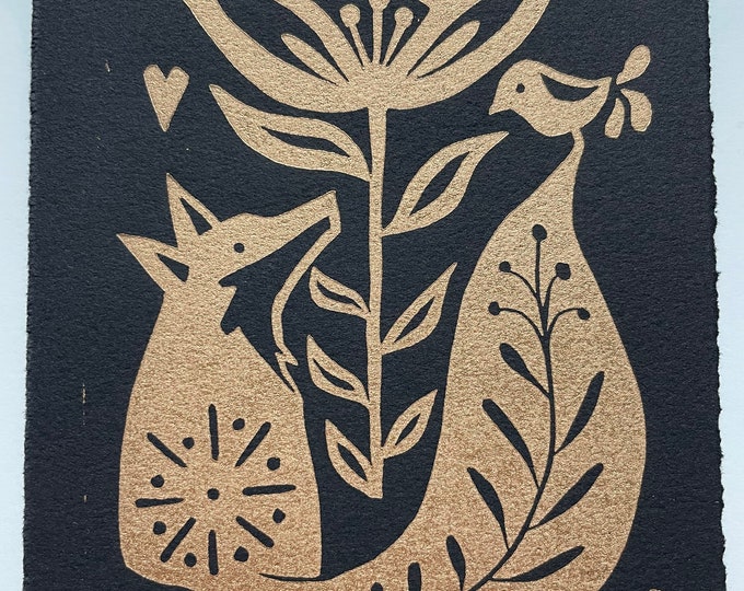 Folk Art Inspired Fox With Bird and Flower Linoleum Block Print Gold on ...