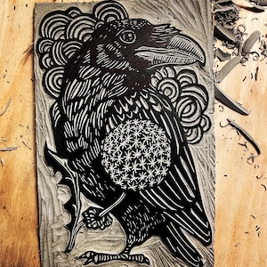 Raven With Dandelion Original Linocut on Cotton Rag Paper, First ...