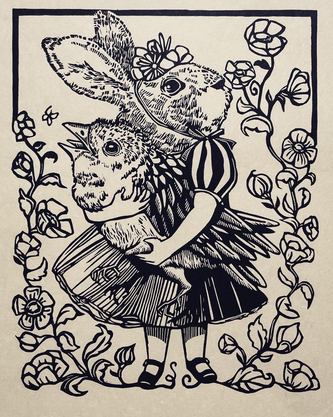 Rabbit and Bird in Spring With Flowers Linoleum Block Print on Kitikata ...