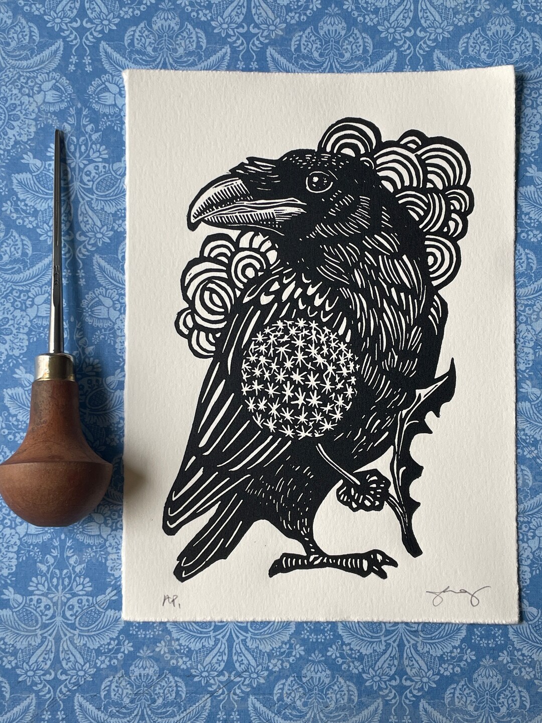Raven With Dandelion Original Linocut on Cotton Rag Paper, First ...