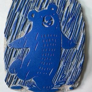Little Blue Bear Dancing in the Rain Original Linocut Handprinted on ...