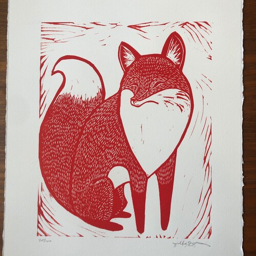 Linoleum Block Foxy Fox Hand Printed on Archival Rives BFK - Etsy
