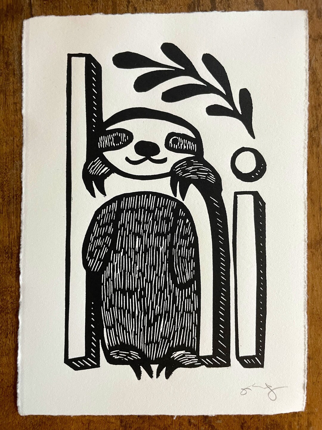 Original Linocut Block Print Sloth With Hi Text. Signed First Edition ...