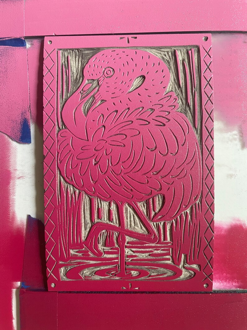Pink Flamingo Original Linoleum Block Print Signed Numbered Edition of ...