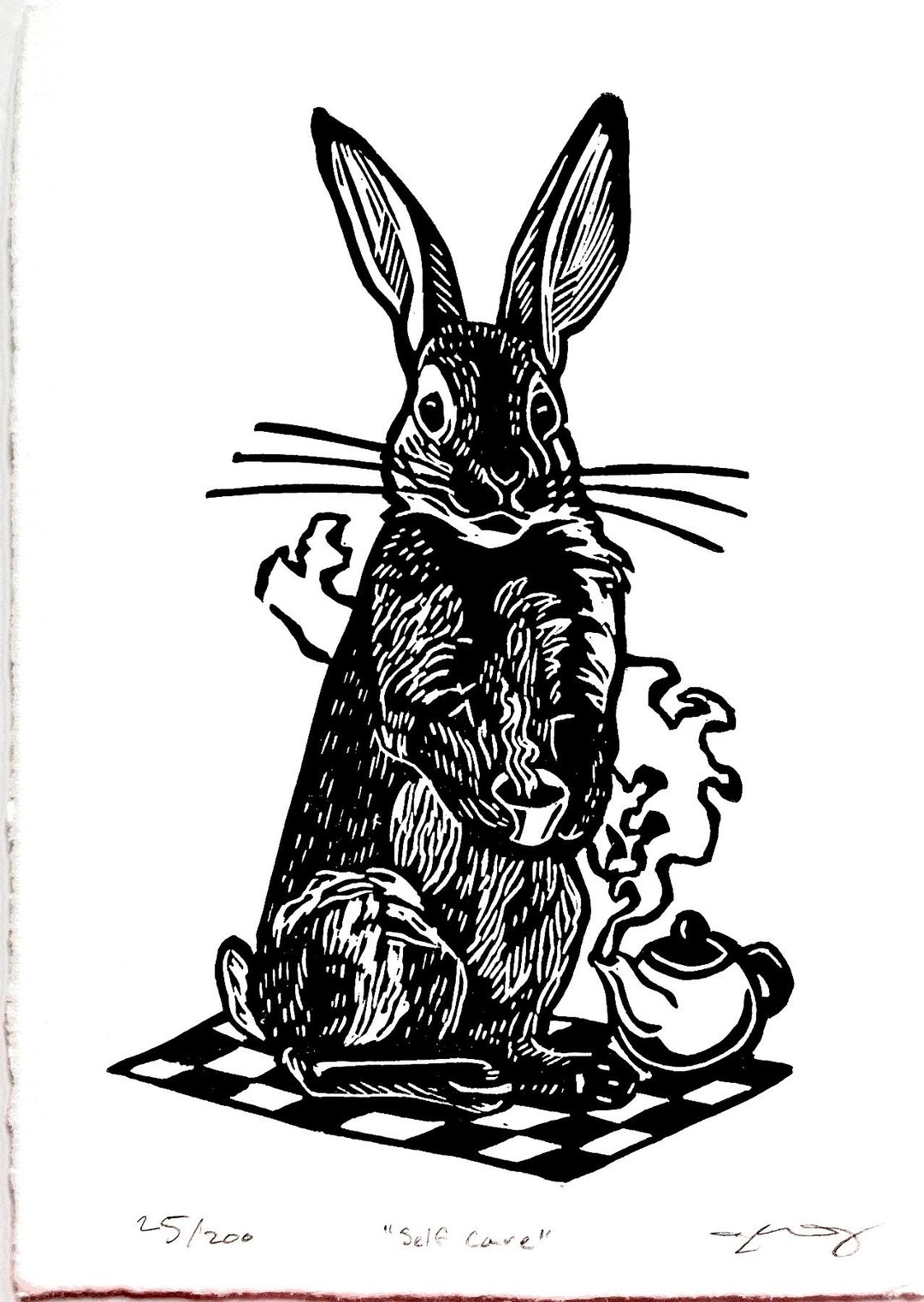 Self Care Time for Tea Rabbit Tea Party Linoleum Block Print Hand ...