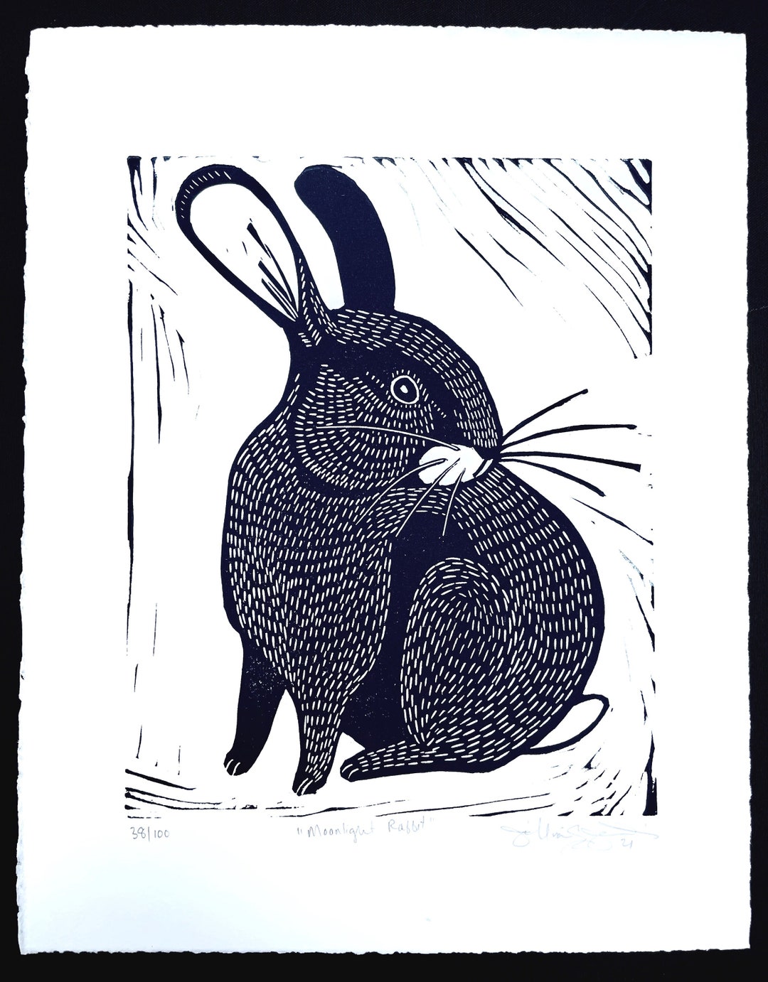 Linoleum Block Printed Rabbit on Cotton Rag Paper - Etsy