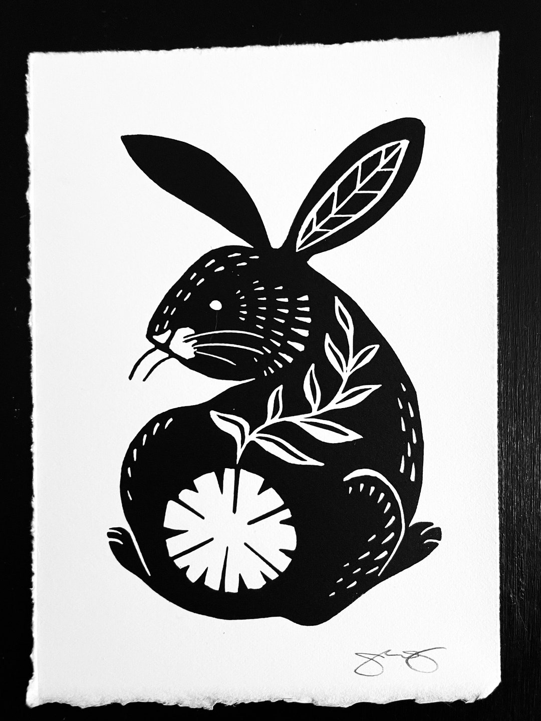Hand Printed Bunny Linocut Art Print: Folk Floral Design, 5x7 - Etsy