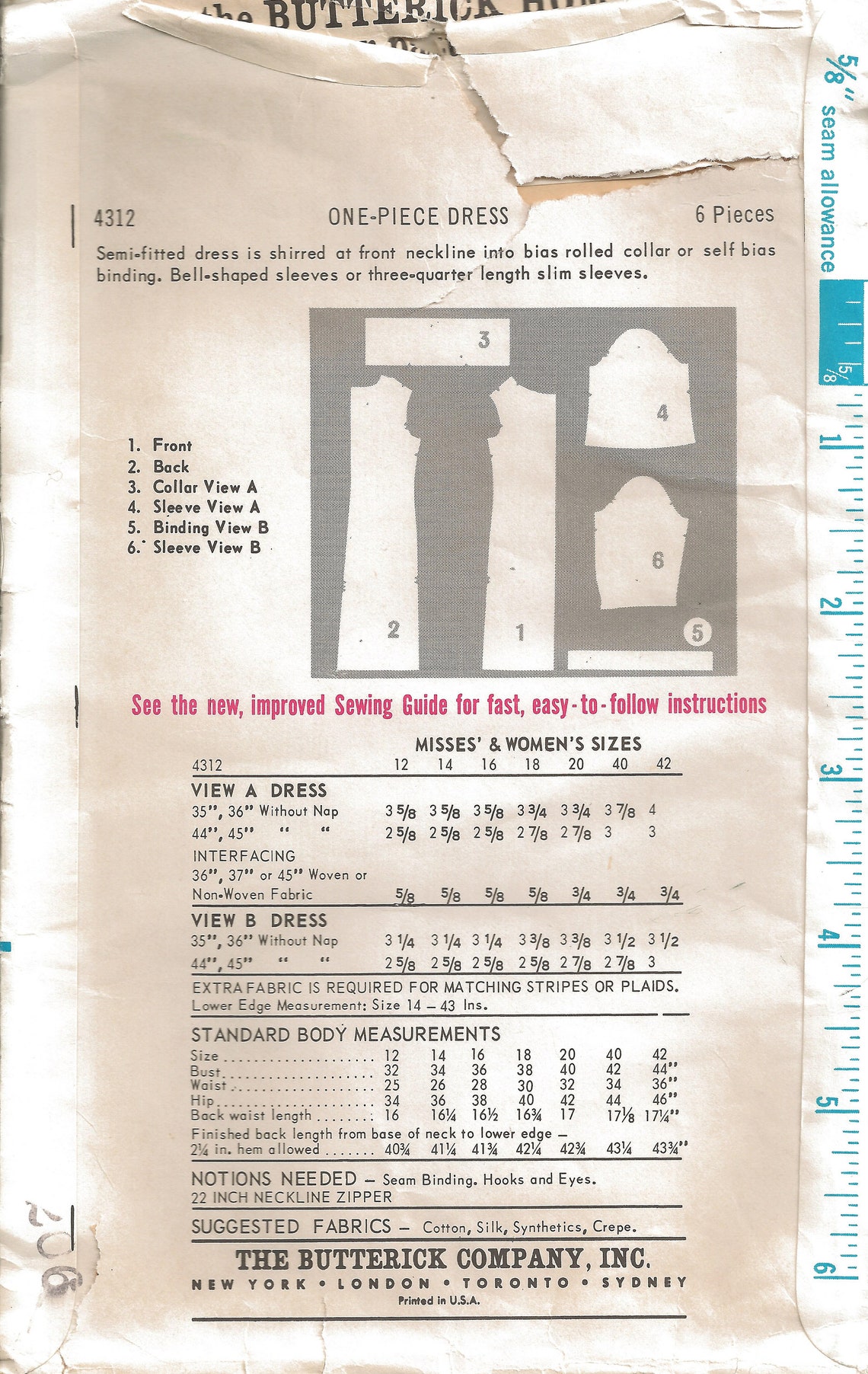 1960s One-piece Dress Sewing Pattern Bust 34 Butterick 4312 - Etsy