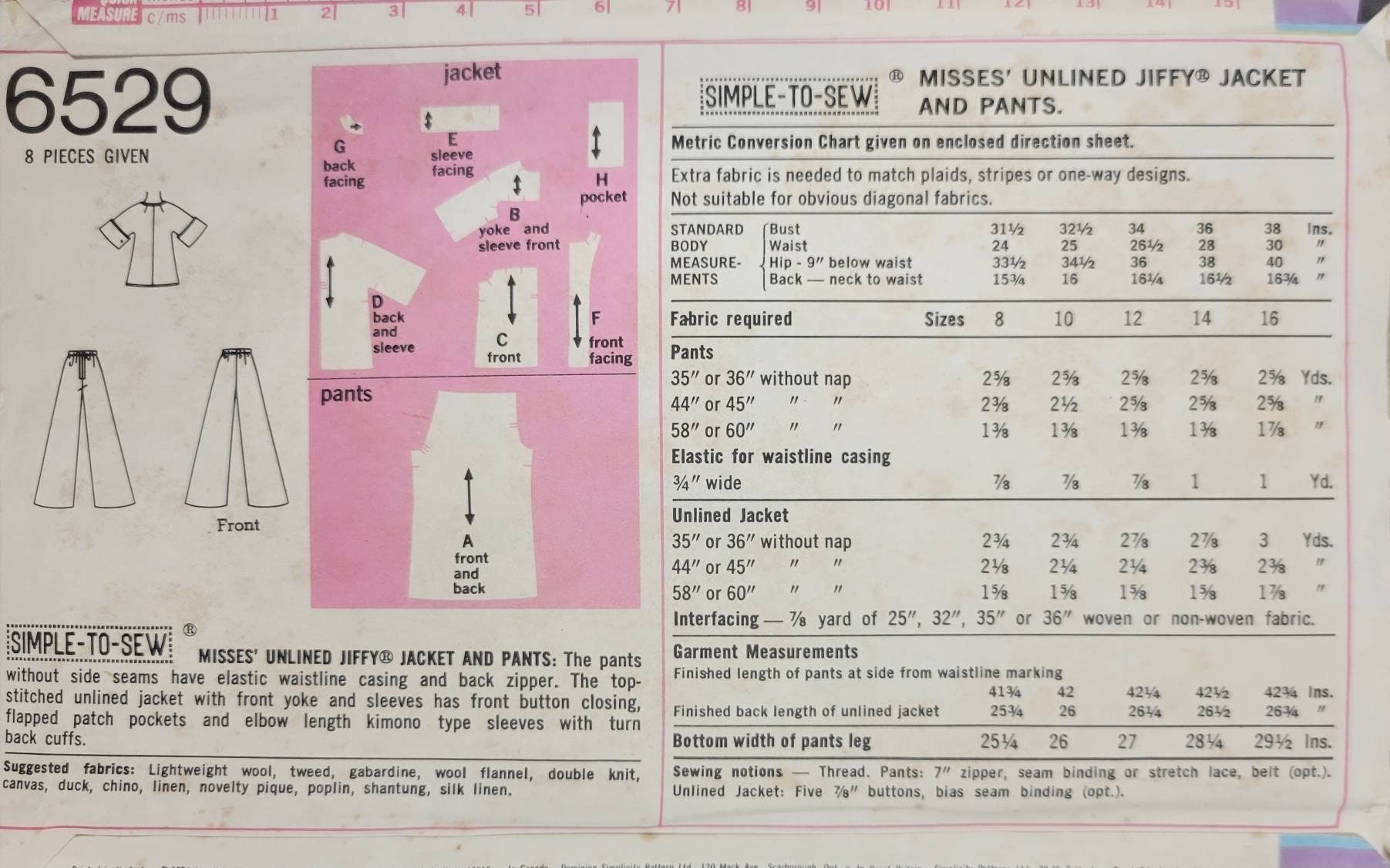 1970s Misses Jacket and Pants Sewing Pattern Simple to Sew Bust 36 ...