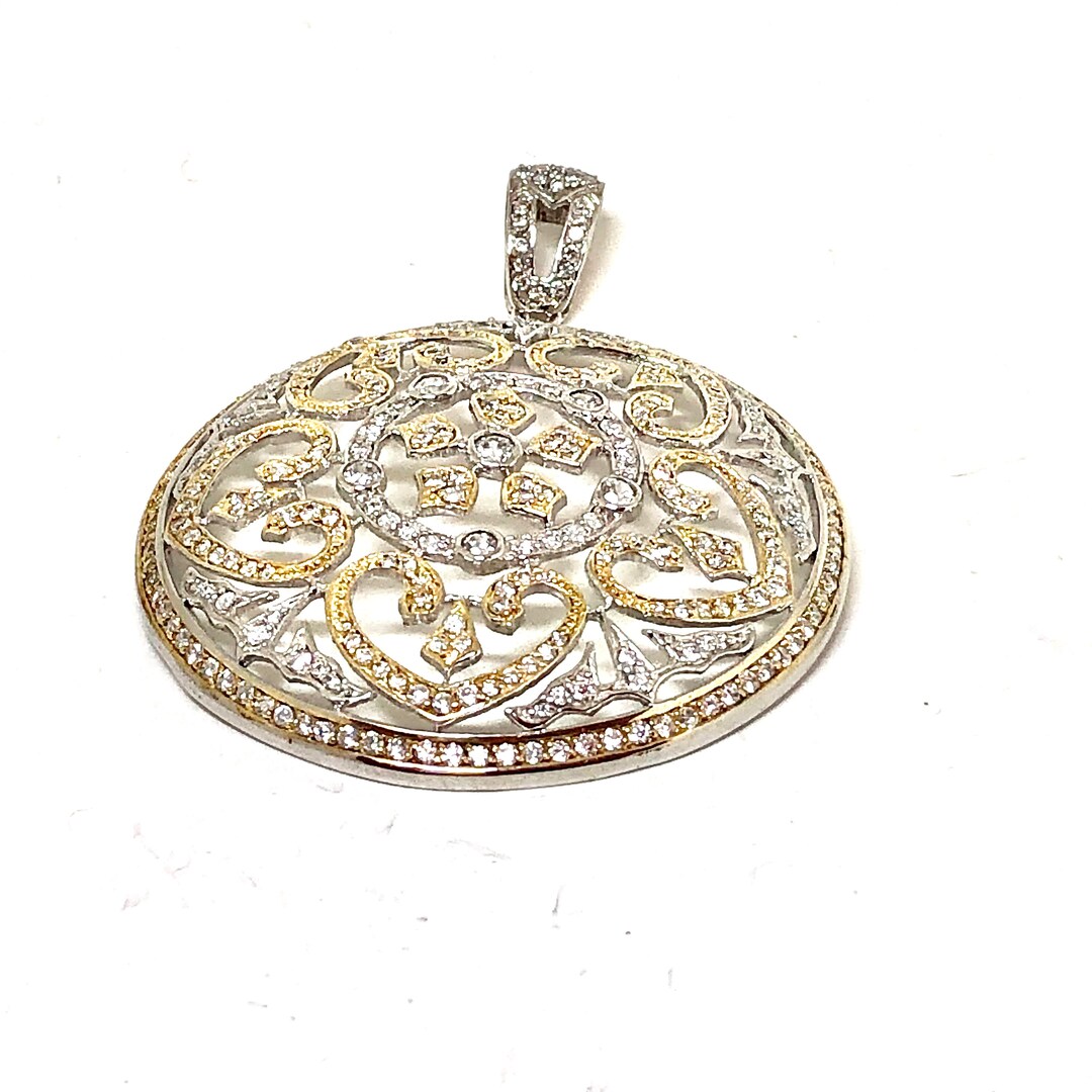 Vintage Large Round PENDANT Gold Over Sterling & Sterling Silver Clear ...