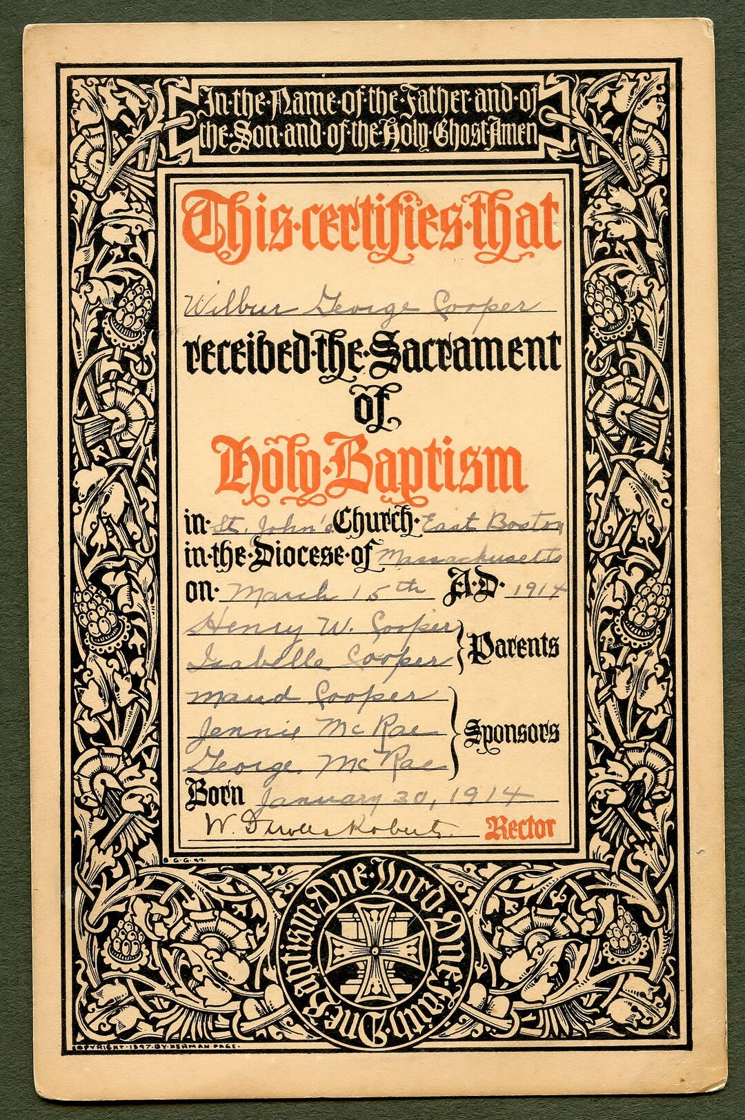 Antique Holy Baptism Official Card With Signatures East Boston, St ...
