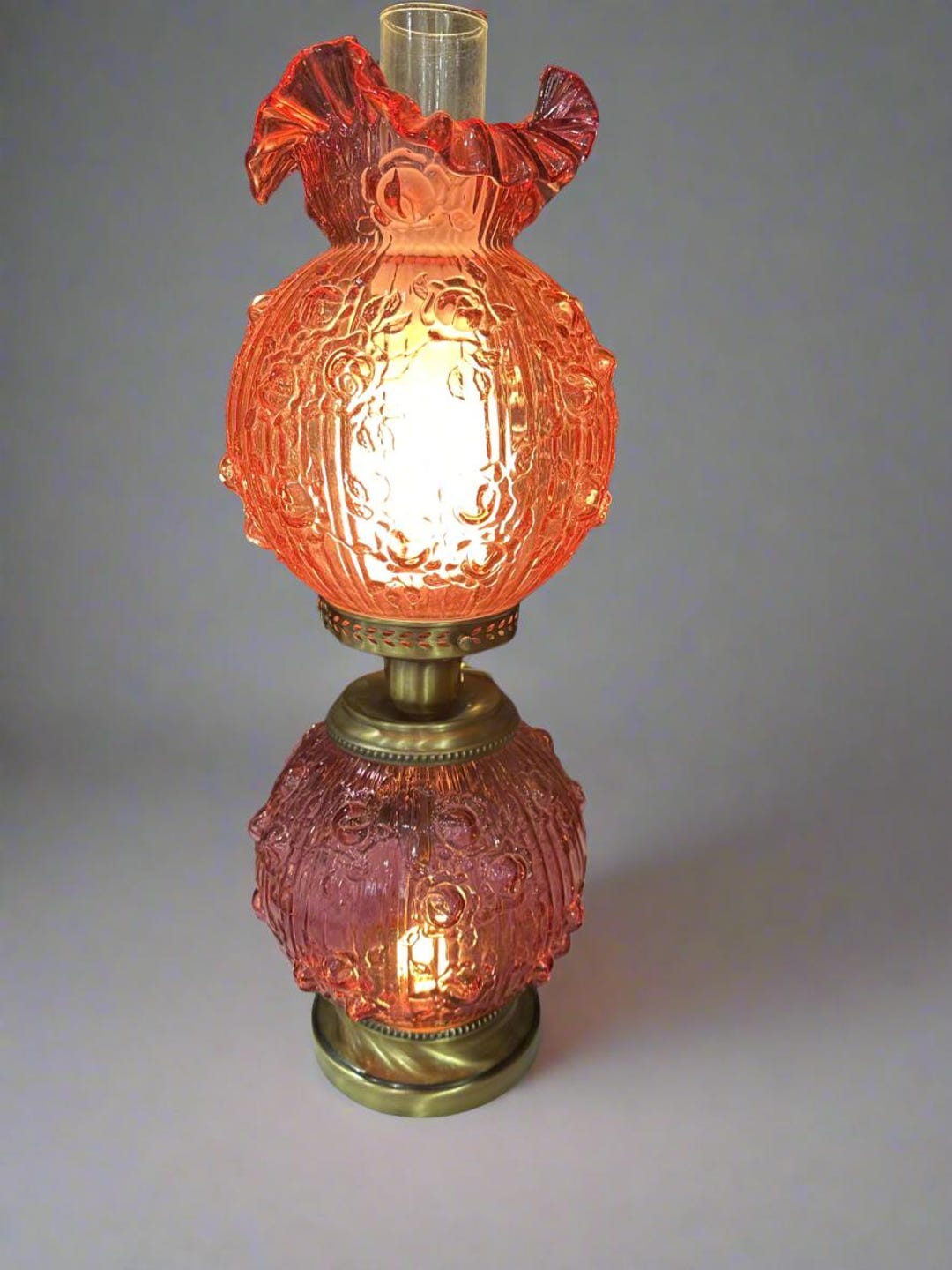 Vintage Fenton Cranberry Poppy 'gone With the Wind' Cabbage Rose Lamp ...