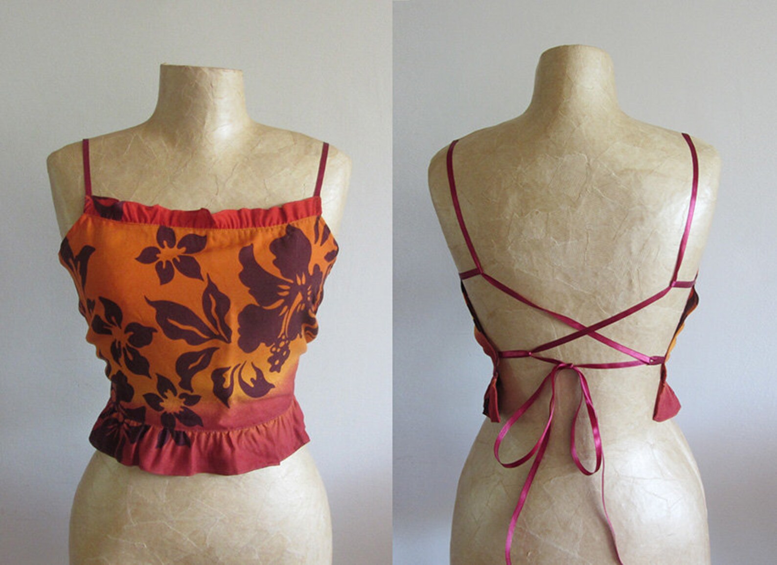 Backless Strappy Top. Sexy Crop Top, Red Orange Brown Hawaii Print ...