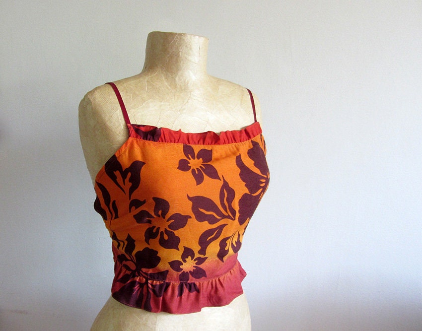 Backless Strappy Top. Sexy Crop Top, Red Orange Brown Hawaii Print ...