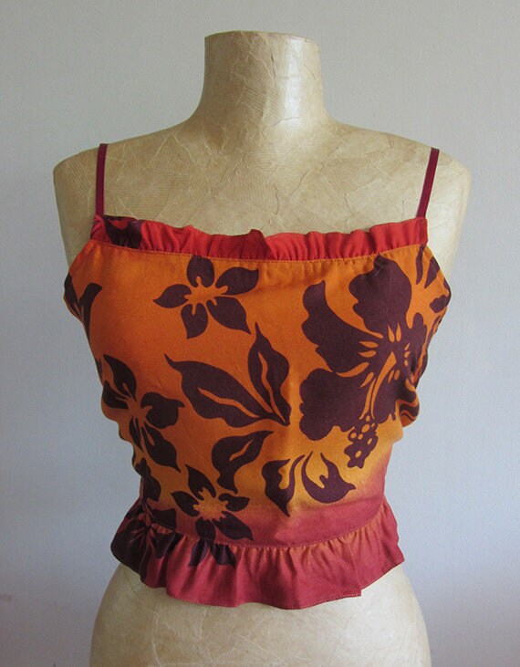 Backless Strappy Top. Sexy Crop Top, Red Orange Brown Hawaii Print ...