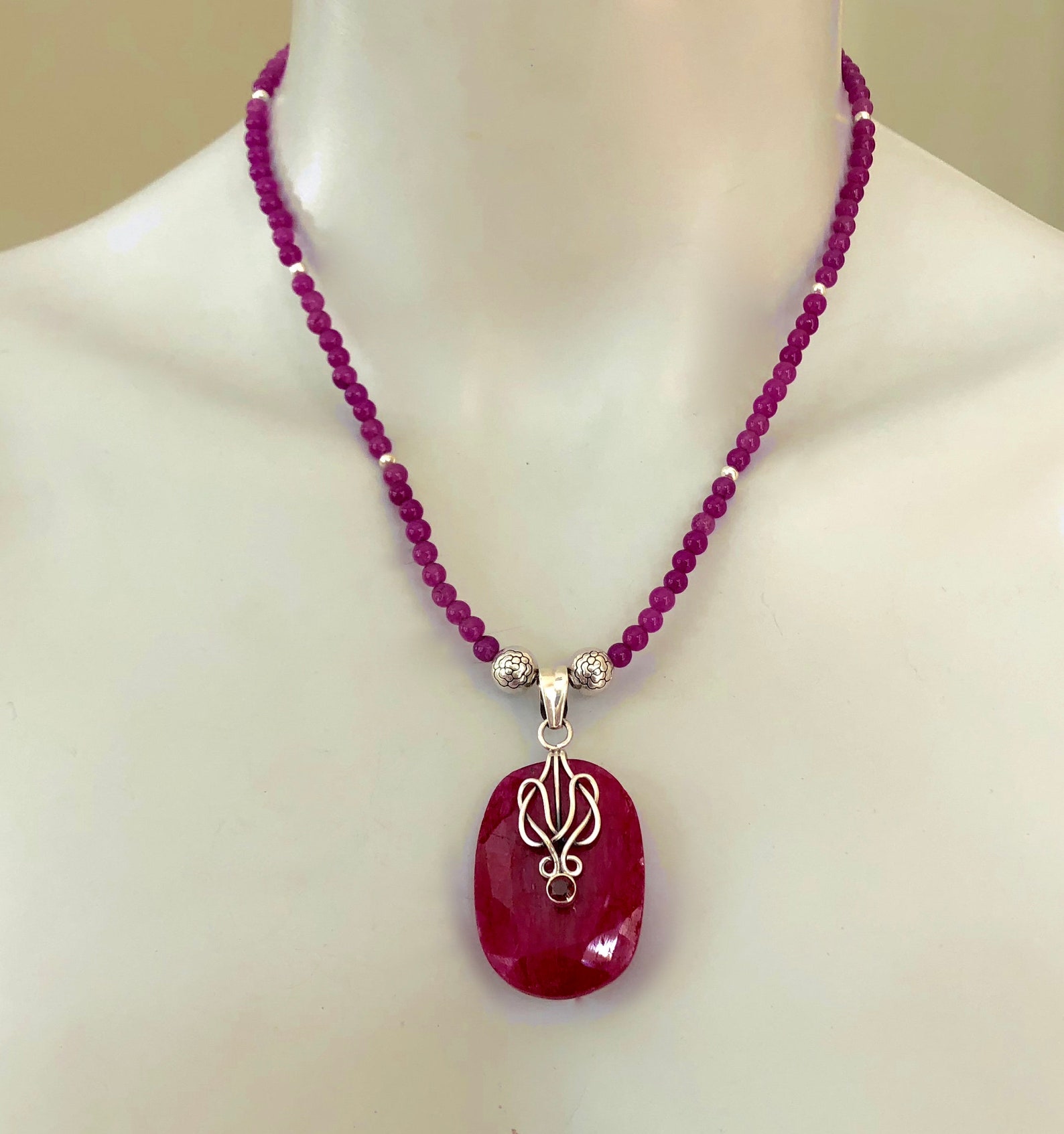 SALE, Ruby Statement Necklace, Big Ruby Pendant, Red Garnet, Hot Pink ...