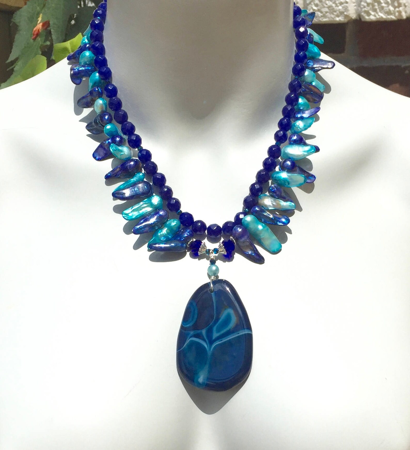 Blue Stone Necklace, Chunky Statement Necklace, Big Agate Pendant ...