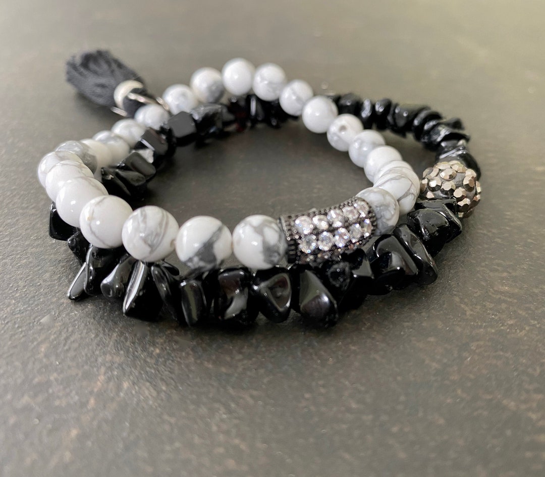 Black and White Bracelets, Stretch Bracelet Set, Natural Stone Stacking ...