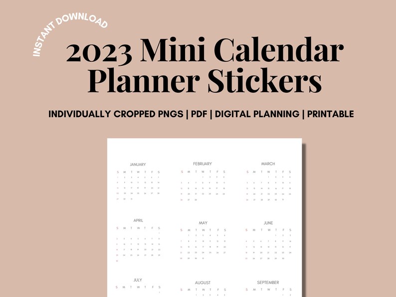 2023 Mini Monthly Calendar Digital Sticker Sunday Start - Etsy