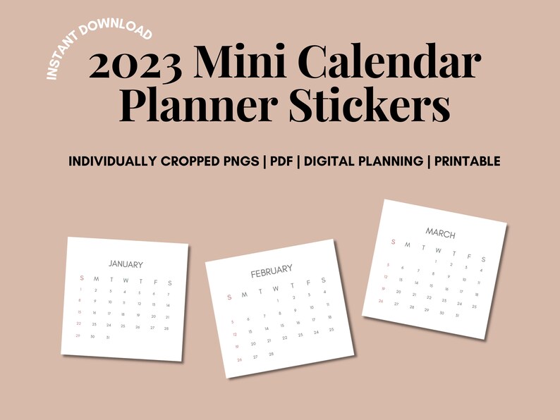 2023 Mini Monthly Calendar Digital Sticker Sunday Start - Etsy