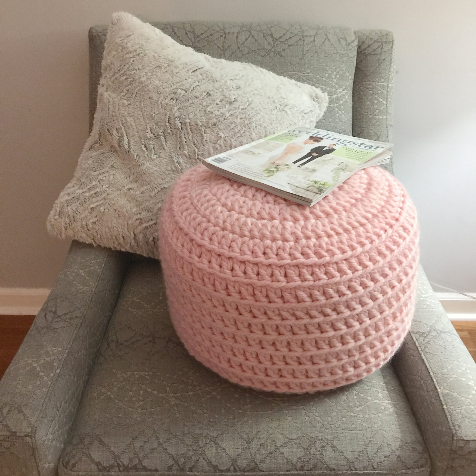 Pink Grey White Hand Crochet Pillow Ottoman Pouf Footstool - Etsy