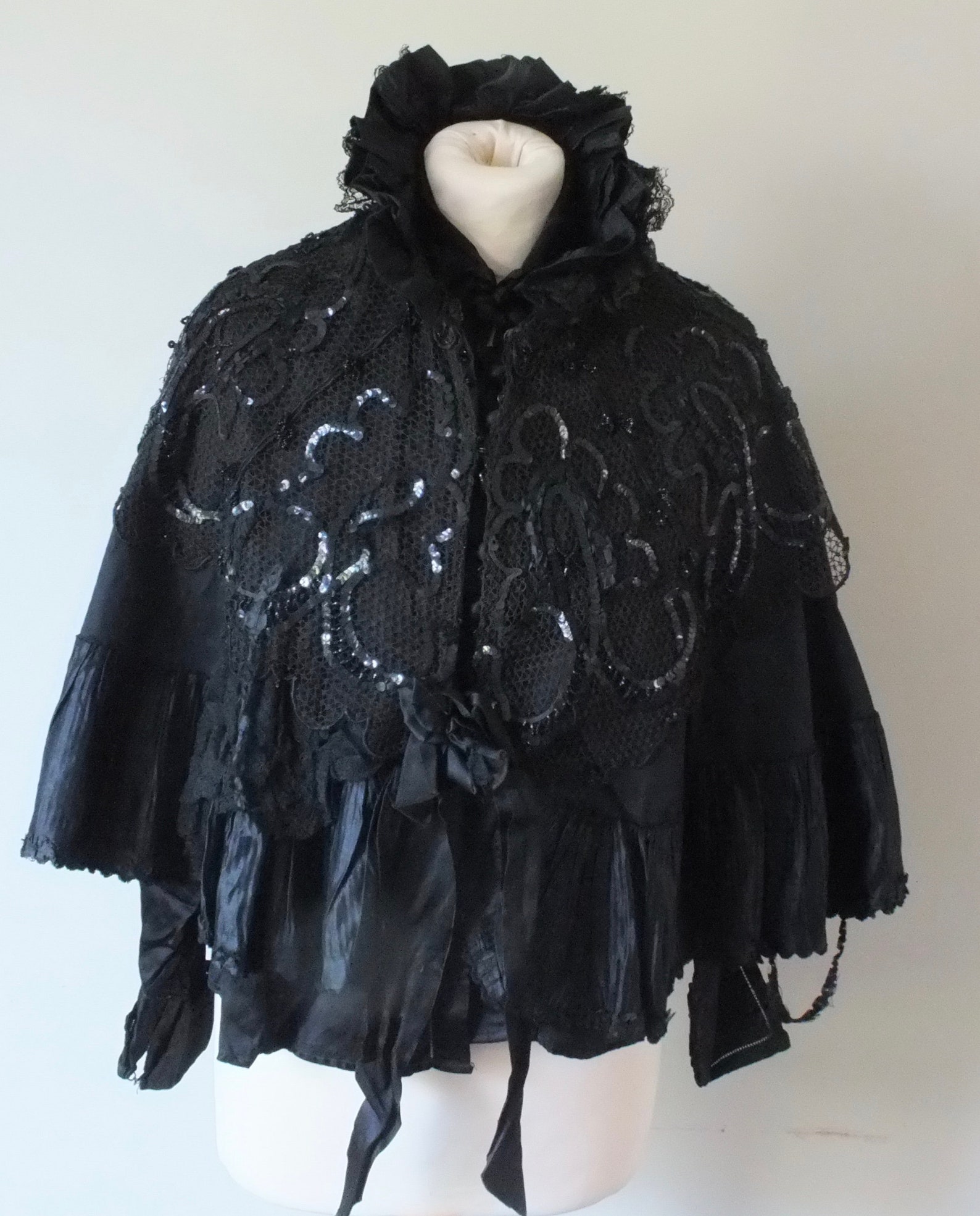 VICTORIAN Black Silk and Lace Cape With Sequins BEAUTIFUL - Etsy