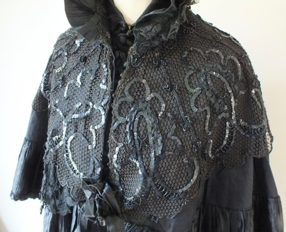 VICTORIAN Black Silk and Lace Cape With Sequins BEAUTIFUL - Etsy