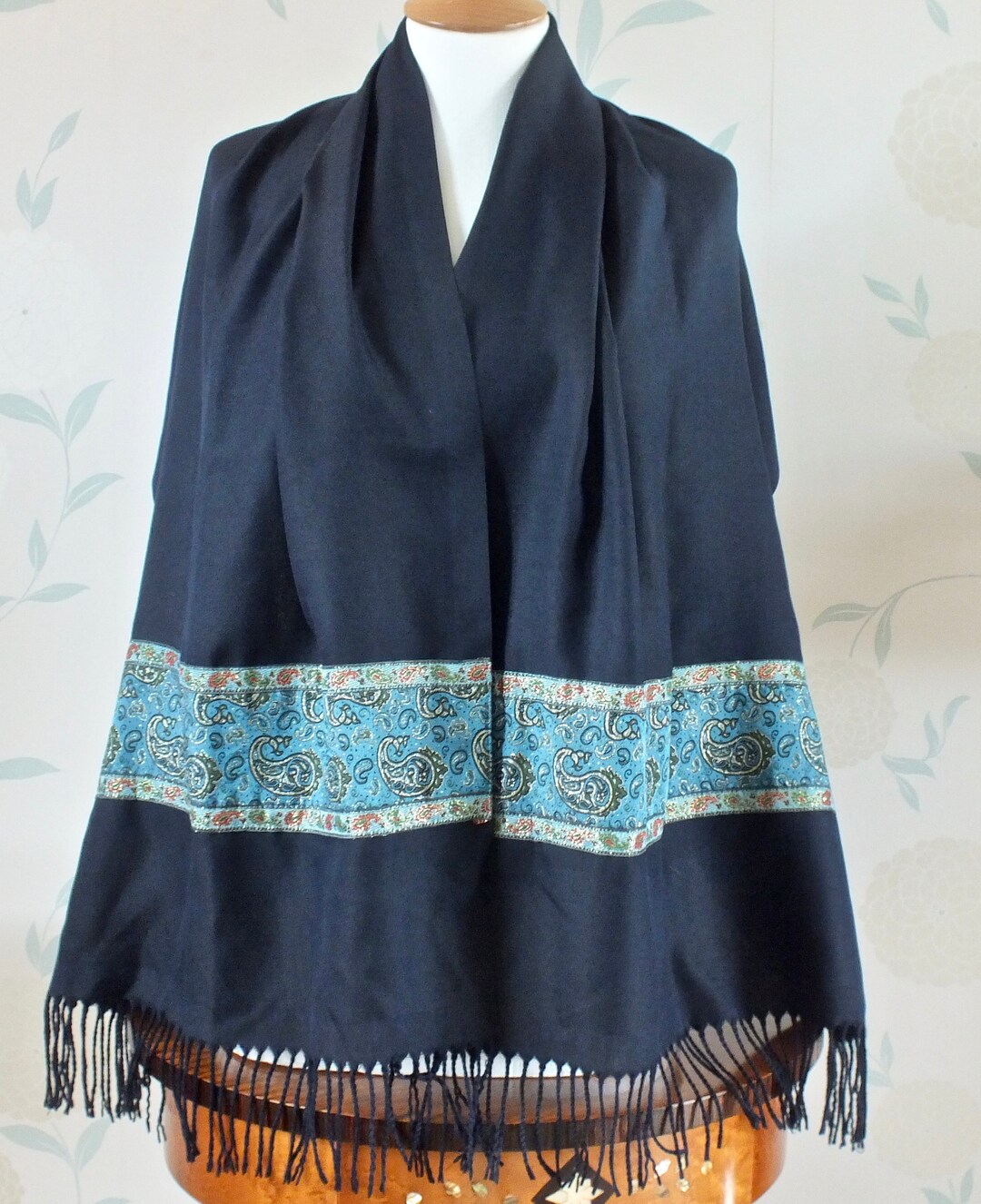 Handmade Navy Shawl Wrap: Asian Braid Trim and Fringe - Etsy