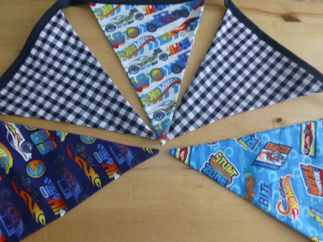Hot Wheels With Navy Check Fabric Bunting 3.5 Metres/140 or 5 Metres ...
