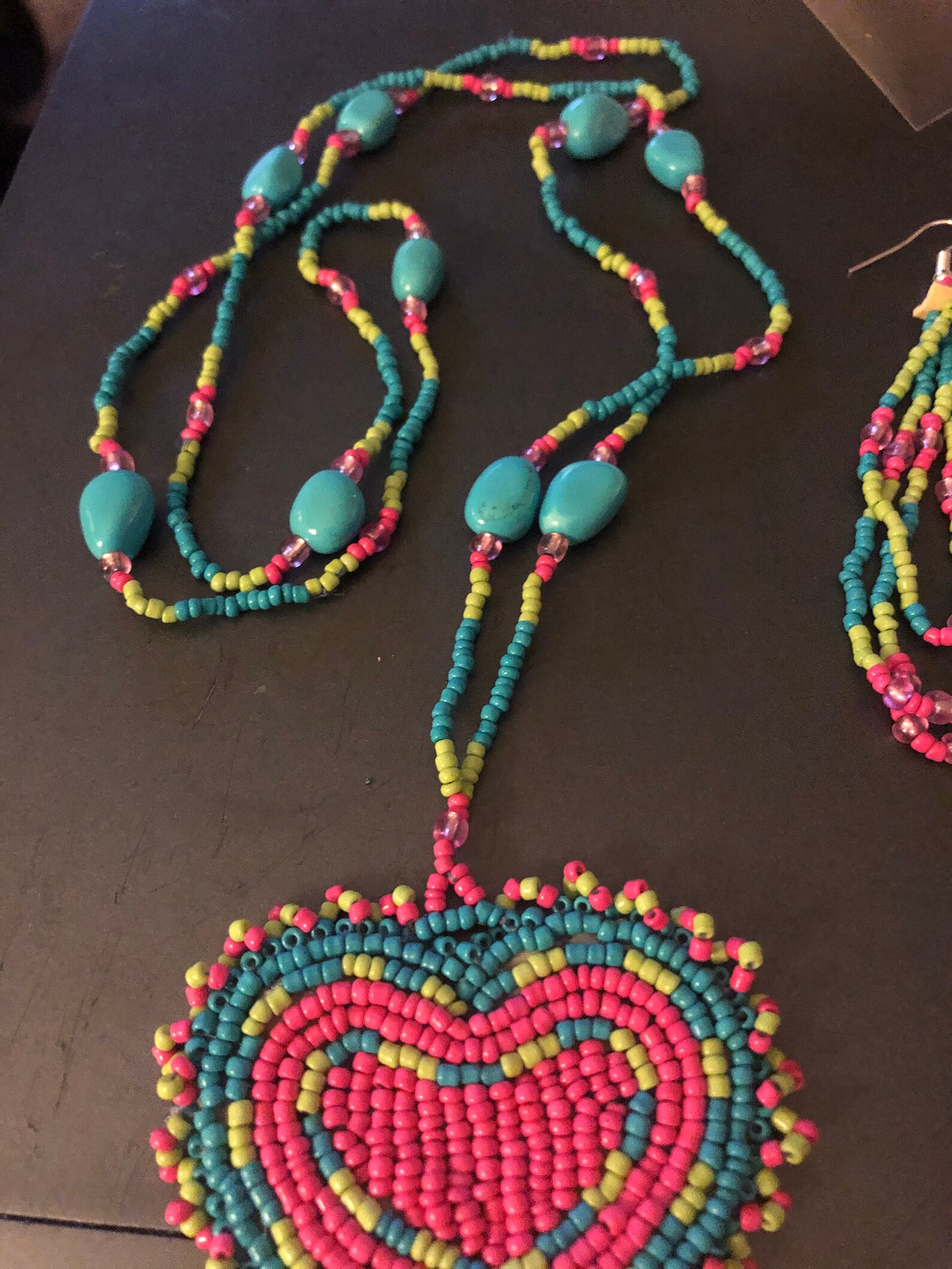Green and Pink Seed Bead Heart Pendant and Earring Set - Etsy