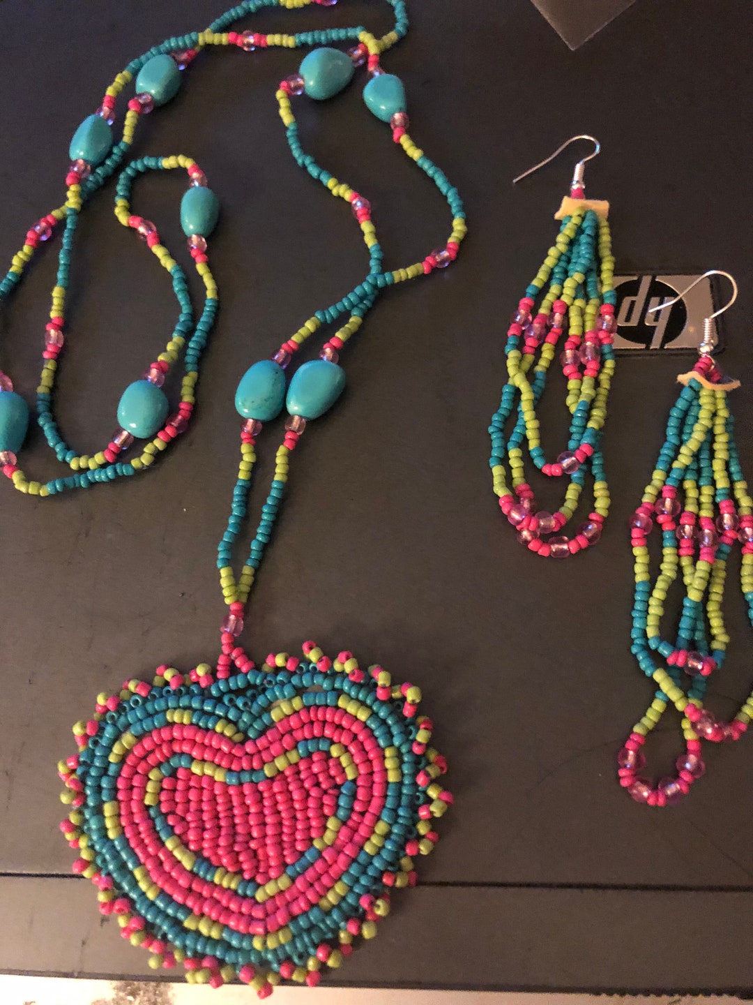 Green and Pink Seed Bead Heart Pendant and Earring Set - Etsy