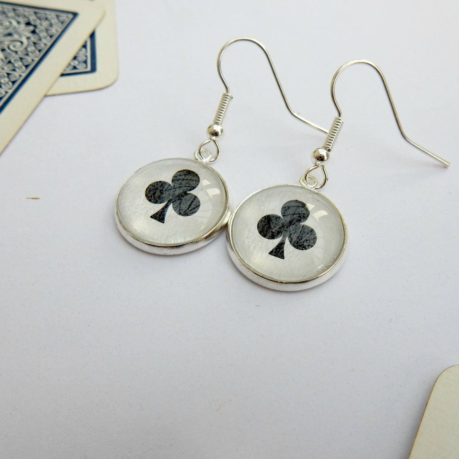 Upcycled Playing Card Club Earrings - Black and White - Etsy
