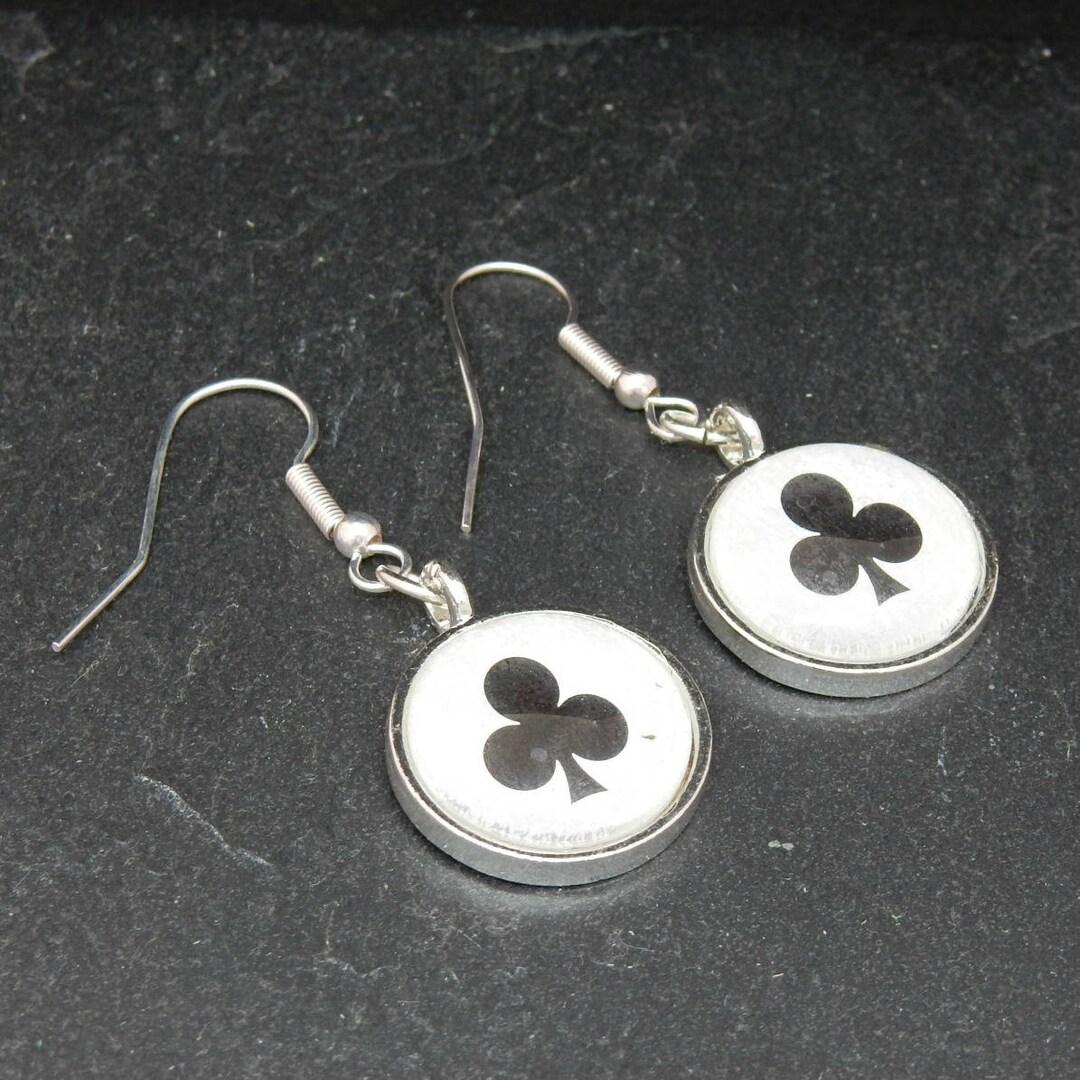 Upcycled Playing Card Club Earrings - Black and White - Etsy