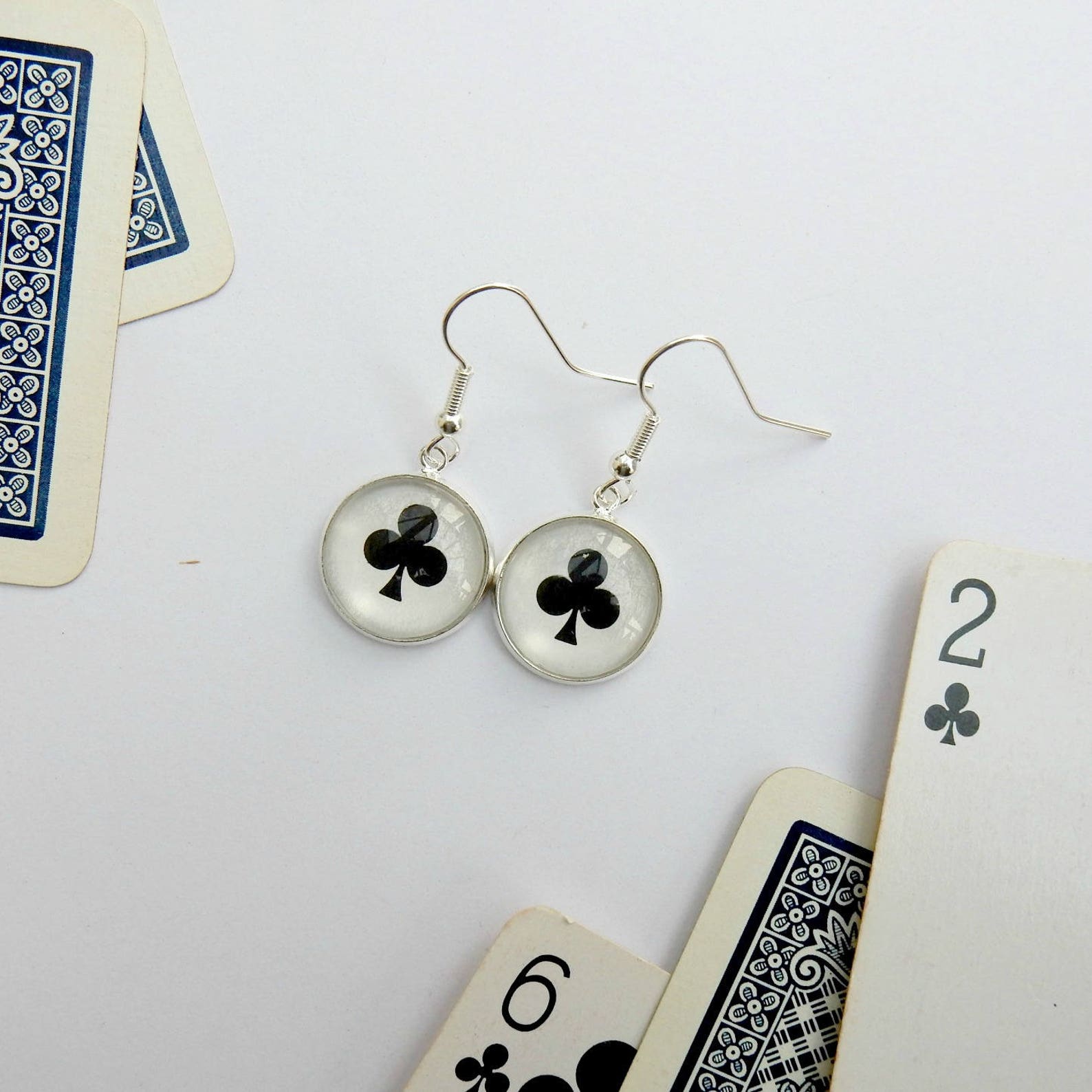 Upcycled Playing Card Club Earrings - Black and White - Etsy
