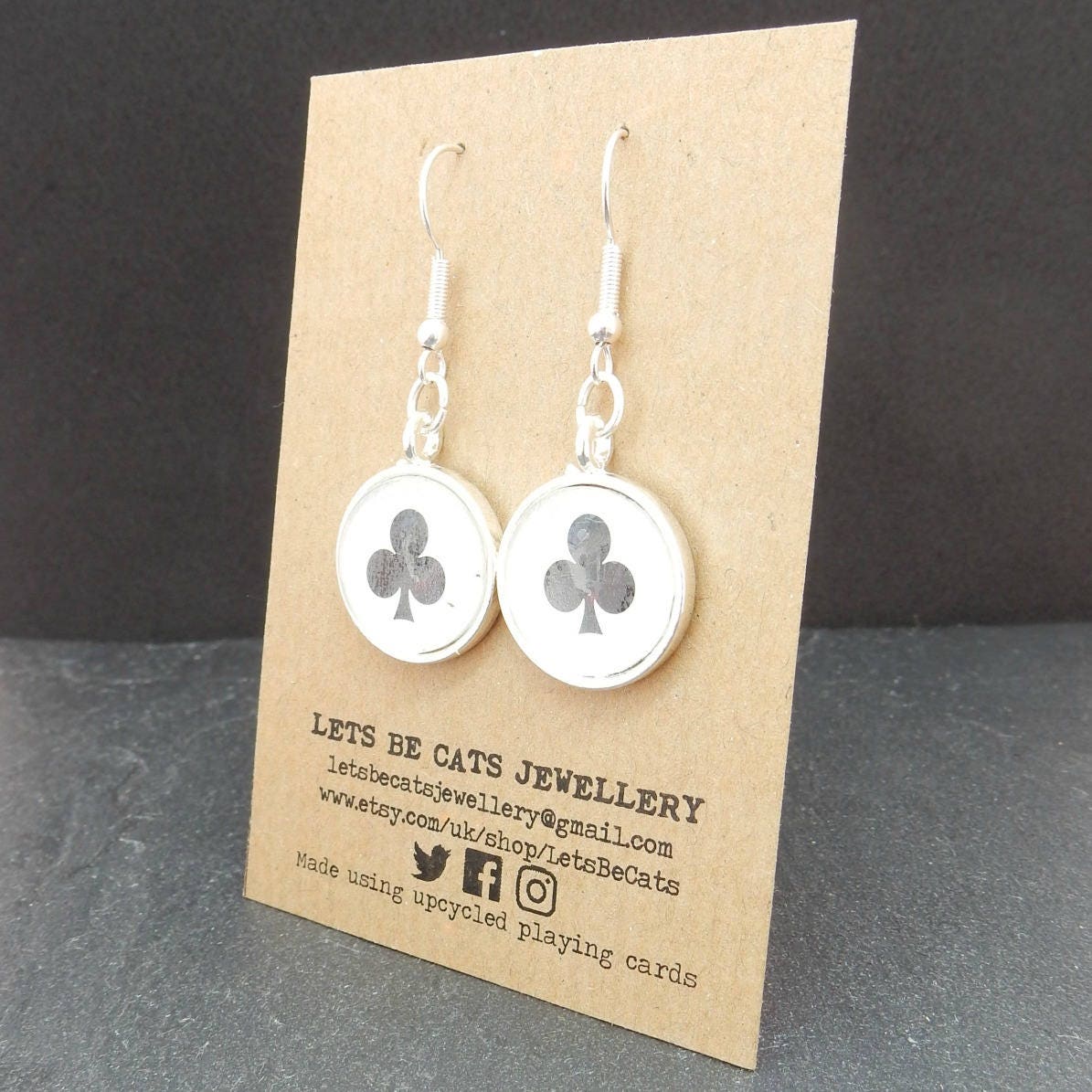Upcycled Playing Card Club Earrings - Black and White - Etsy